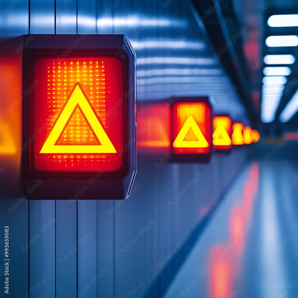 Red hazard lights illuminate a corridor, featuring triangular symbols ...