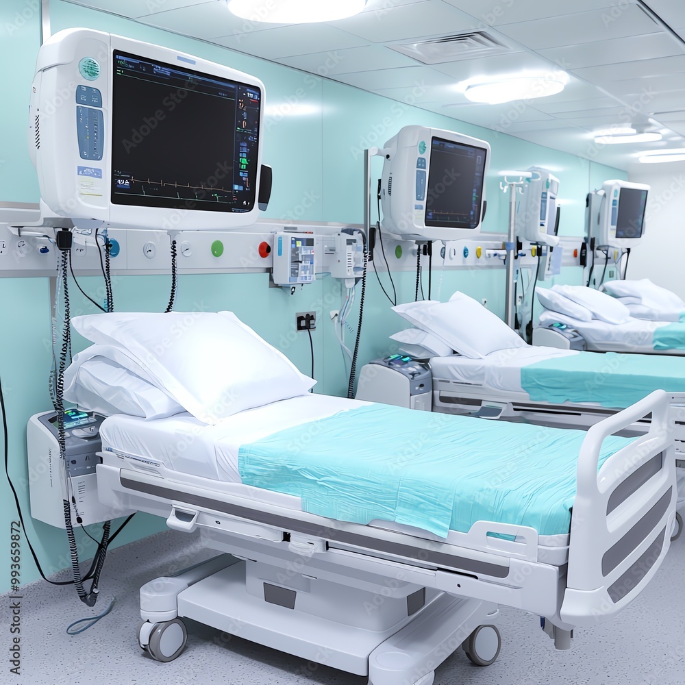 Modern hospital room with multiple beds and medical monitors, featuring ...