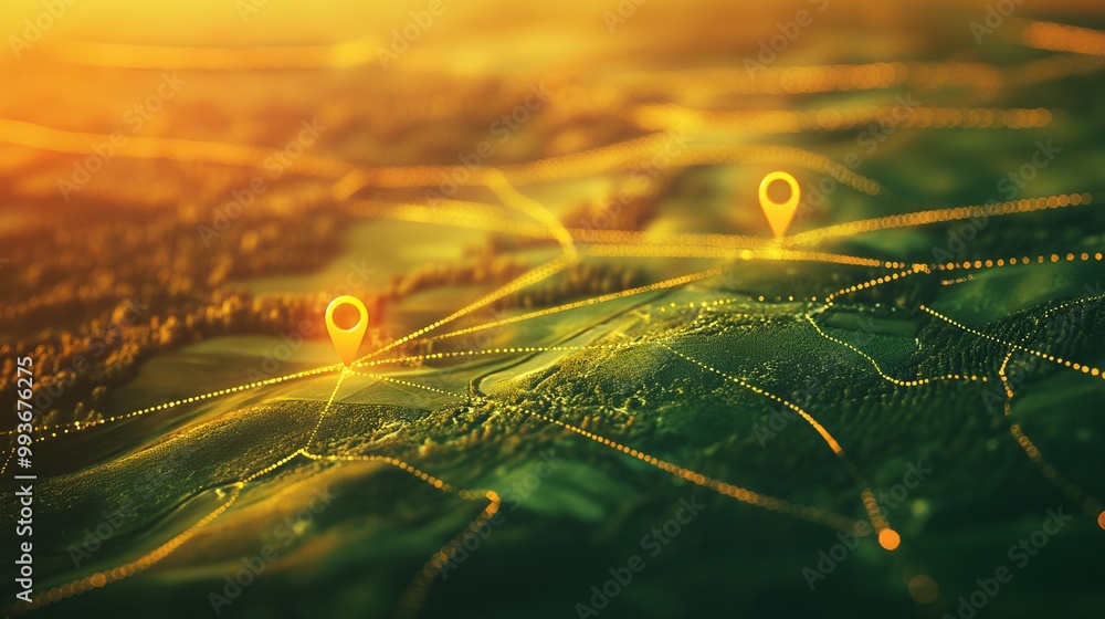 Aerial Map with Location Pins and Golden Hour Lighting. AI generated ...