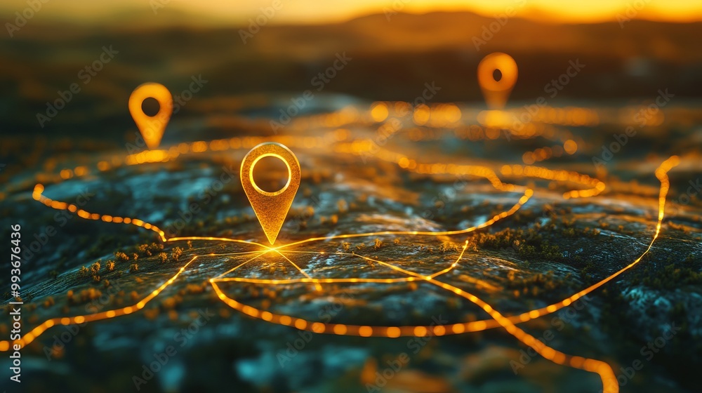 Aerial Map with Location Pins and Golden Hour Lighting. AI generated ...