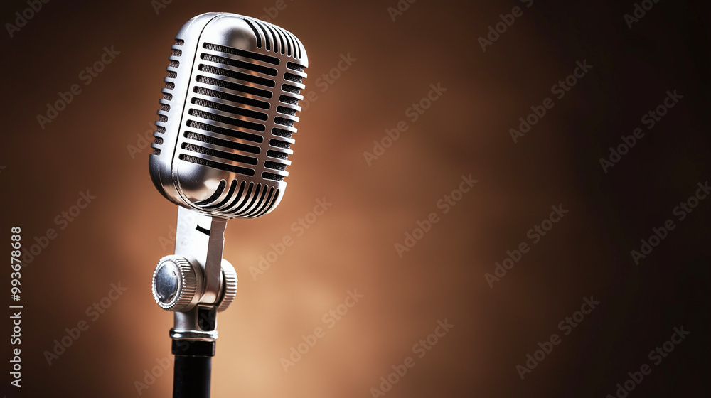 Vintage microphone stands prominently against warm, blurred background ...