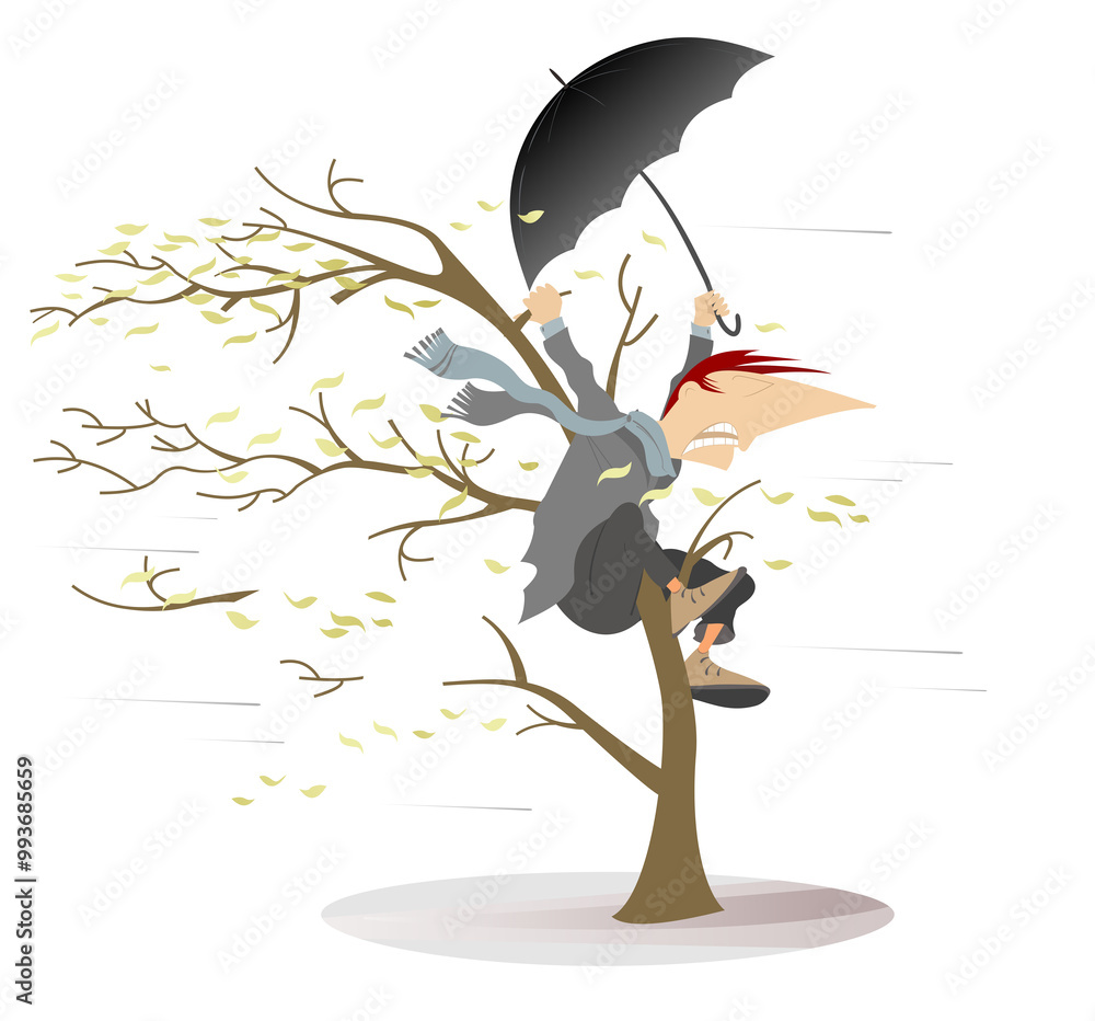 Bad weather. Hurricane, Strong wind. Flying leaves. Man with umbrella ...