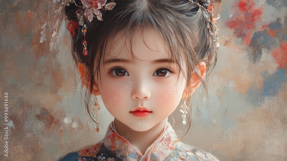 Hyper-realistic portrait of a young Chinese girl in traditional dress ...