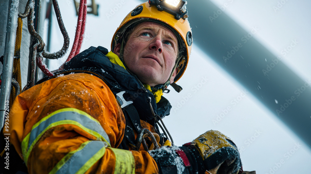 maintenance worker in bright orange jacket and helmet is focused on his ...