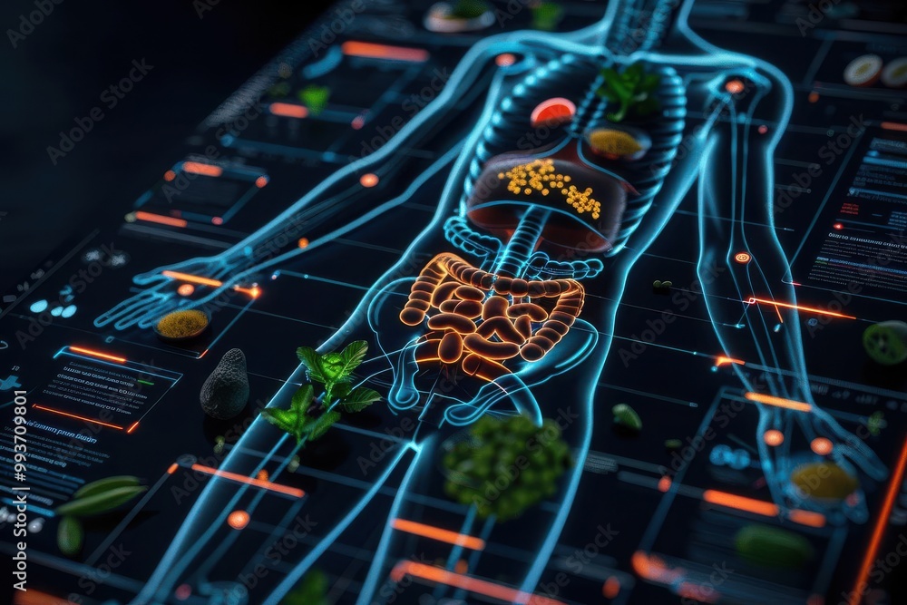 A detailed cutaway of a human body showing how superfoods interact with ...