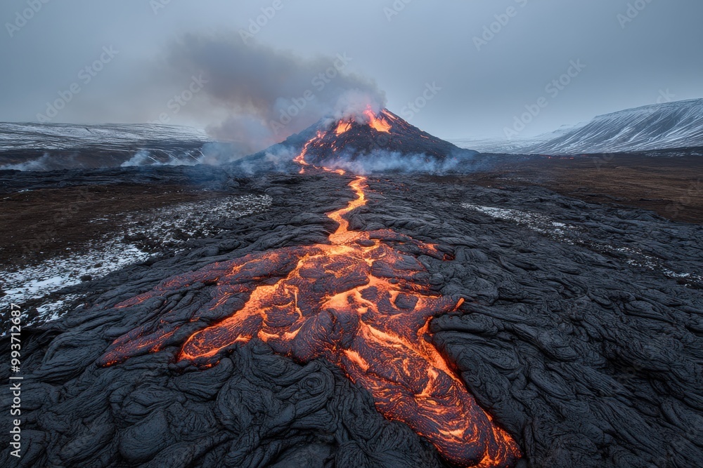 An intense scene depicting lava flowing from an active volcano across a ...