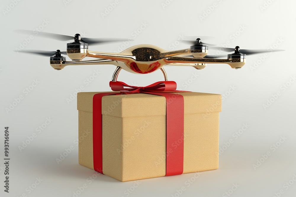 Drone with gold and black design carrying a gift wrapped box with a red ...
