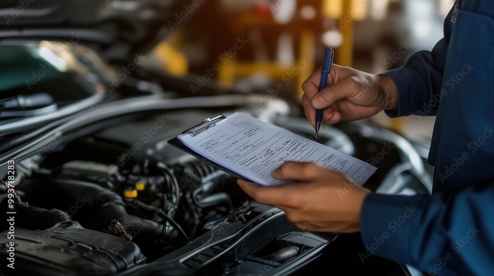 Mechanic Filling Out Vehicle Inspection Report. Mechanic filling out a ...