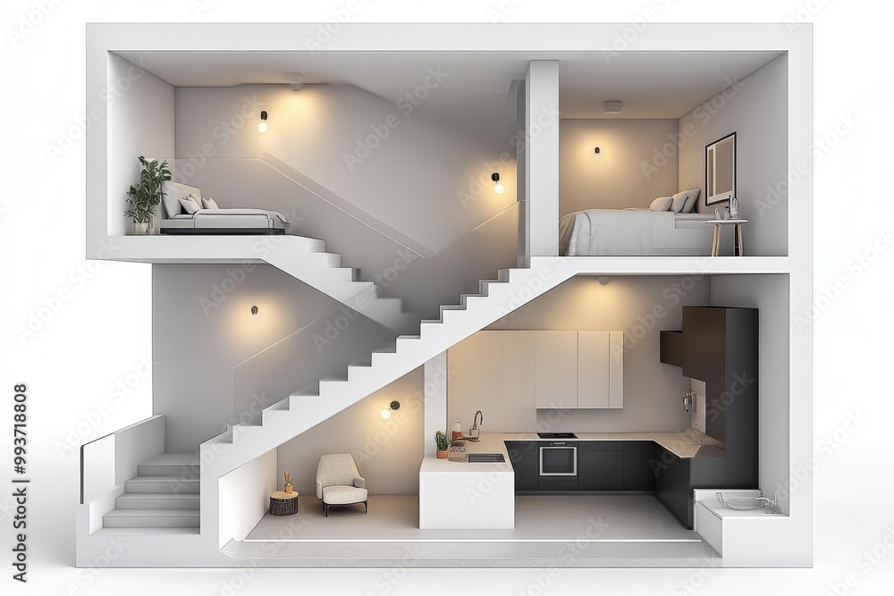 Cross section of a modern white minimalist house with open floors and ...