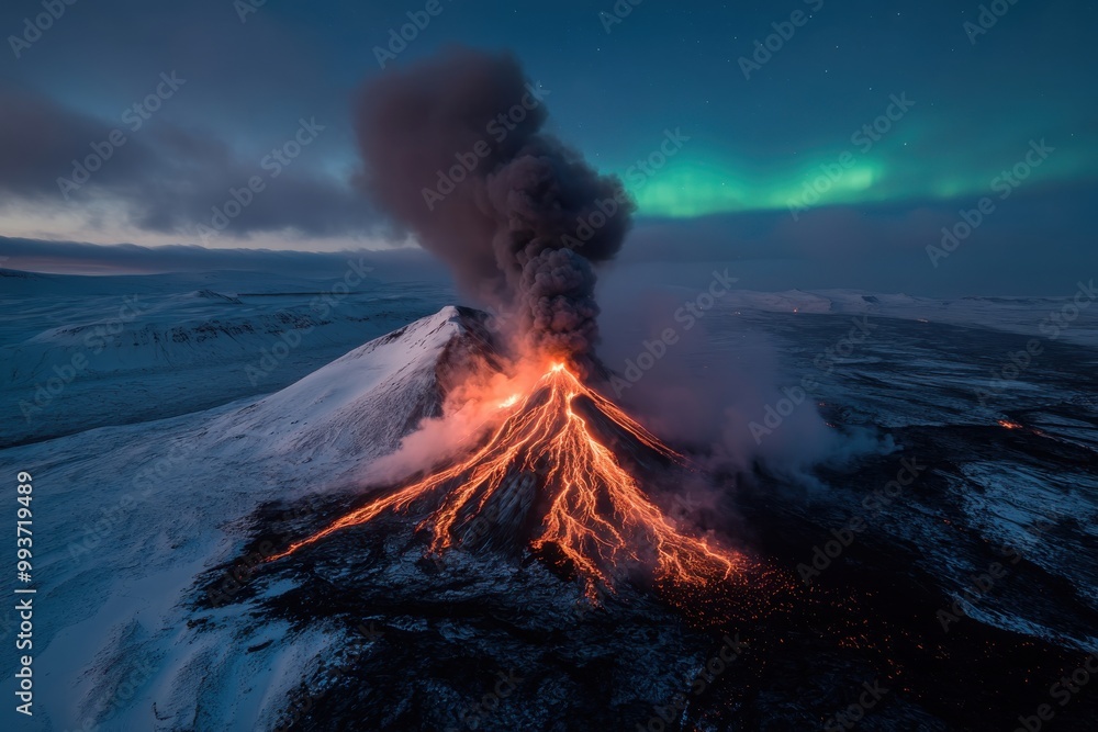 A mesmerizing scene of a volcanic eruption with fiery lava rivers ...