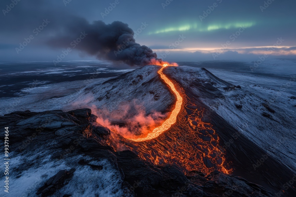 The image portrays a river of red-hot lava flowing down the slope of a ...