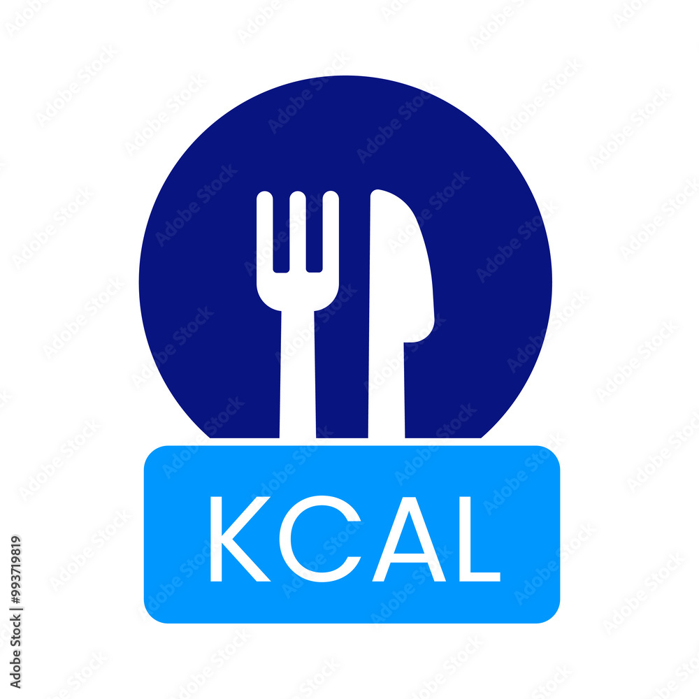 Blue circle with fork knife inside, KCAL label beneath, calorie count ...