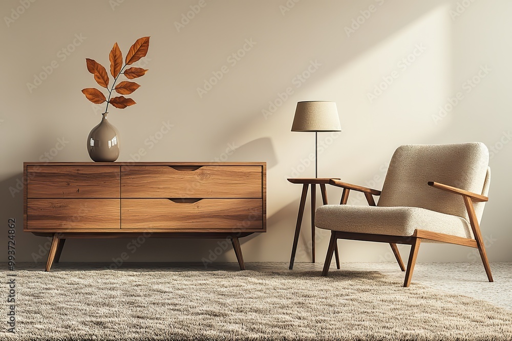 Scandinavian living room setup with a wooden commode, elegant armchair ...