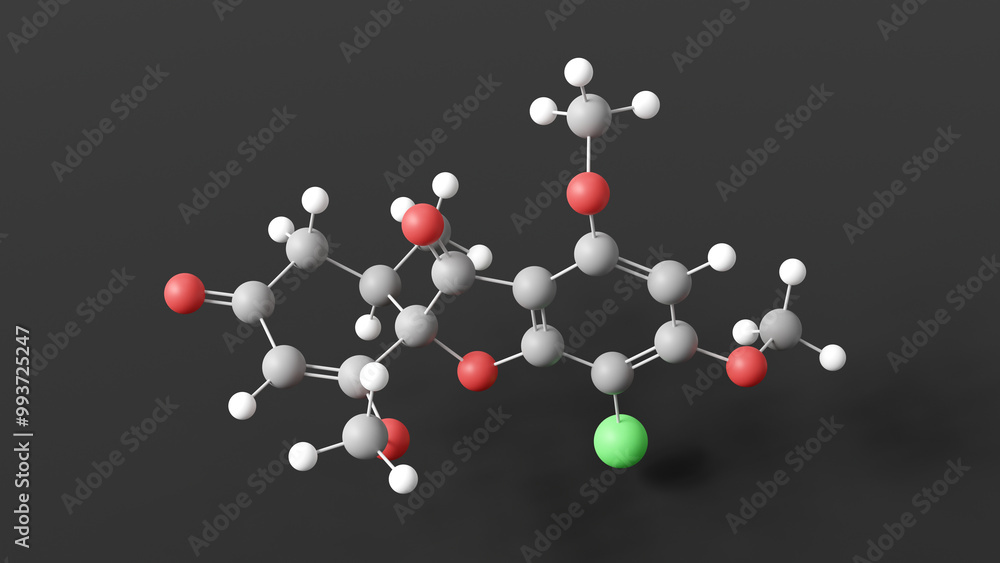 griseofulvin molecule 3d, molecular structure, ball and stick model ...