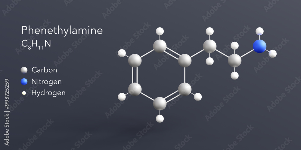 phenethylamine molecule 3d rendering, flat molecular structure with ...