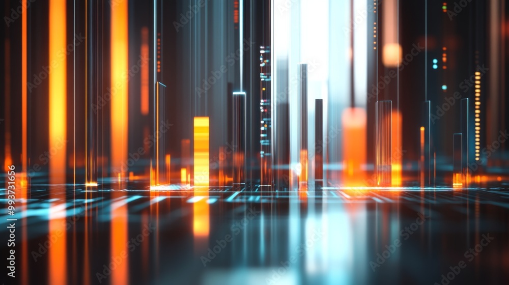 A creative 3D bar chart with metallic bars rising from a reflective ...