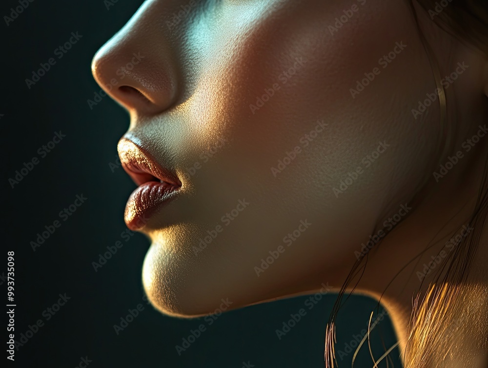 Profile of a woman face, soft lighting accentuating her cheekbones and ...