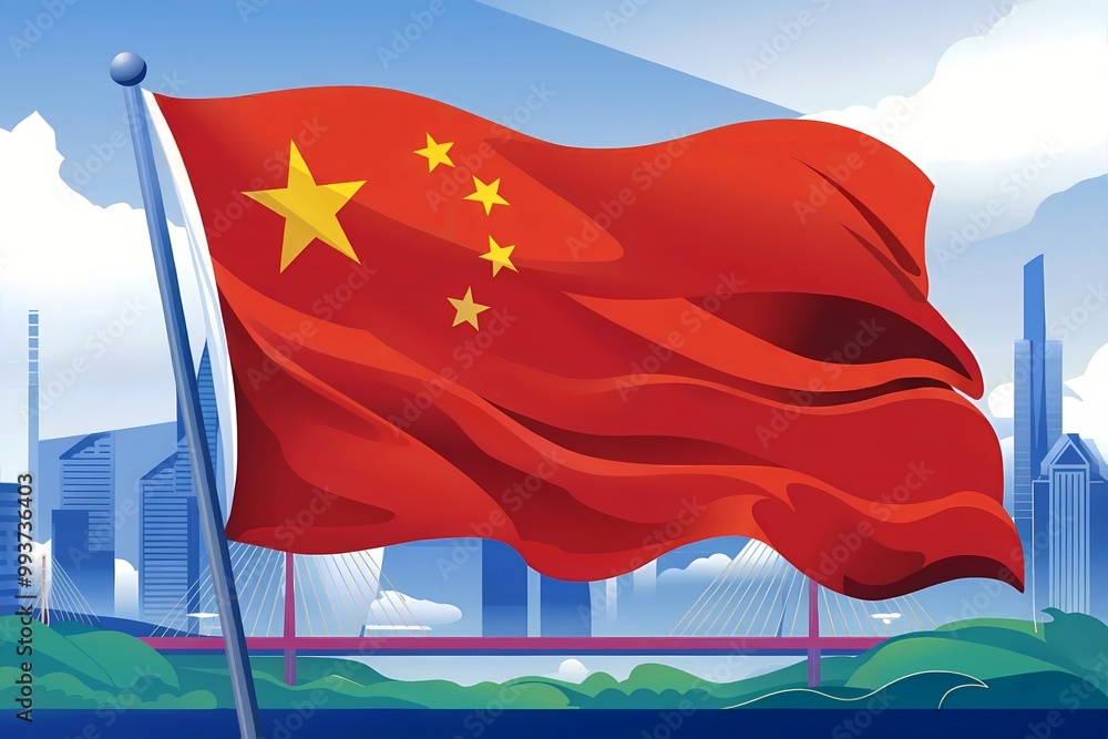 Chinese national flag waving. Vibrant urban background. Patriotism and ...