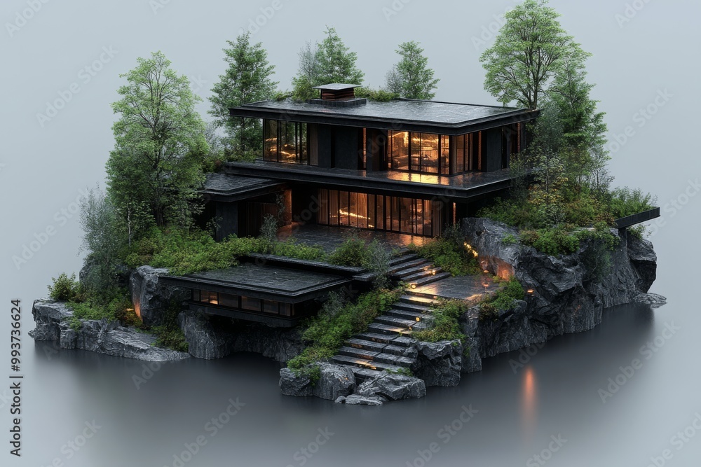Modern treehouse villa surrounded by lush greenery and built over water ...