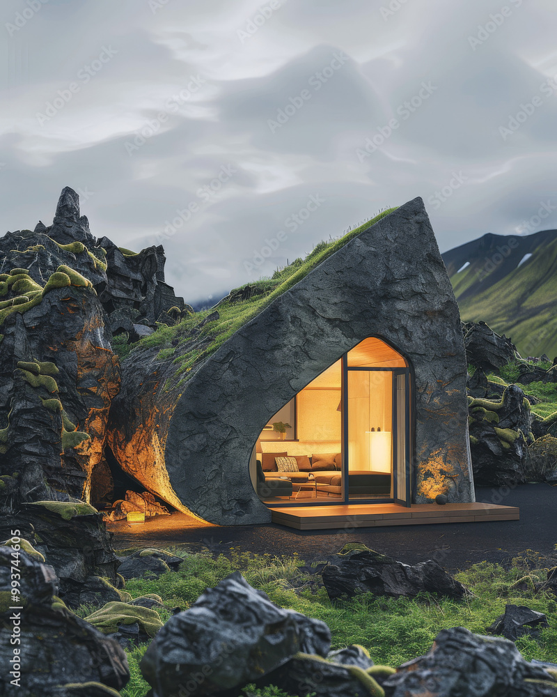 contemporary stone shaped cabin in Iceland, with basalt textures and ...