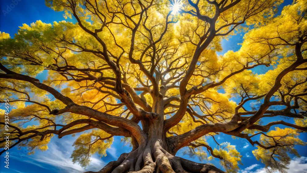 Majestic Yellow Wood Tree with Branches and Blue Sky. Perfect for ...