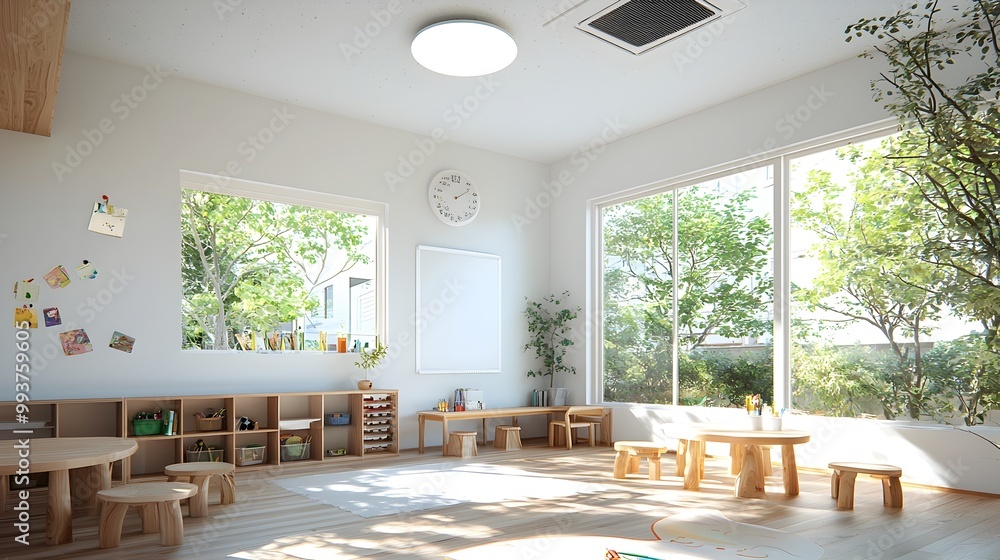 ภาพประกอบสต็อก Bright and airy classroom interior with large windows ...