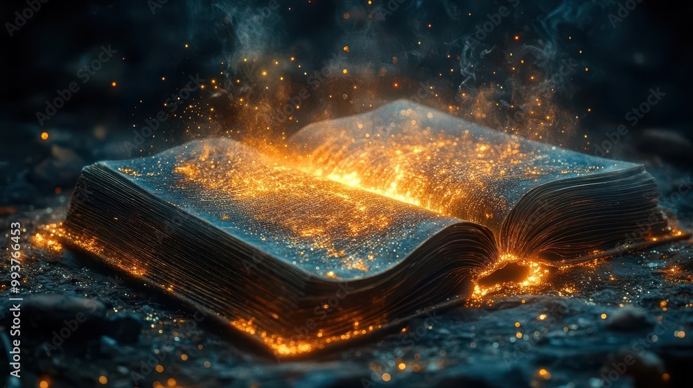 enchanting scene of a magical book bathed in light on a table ...