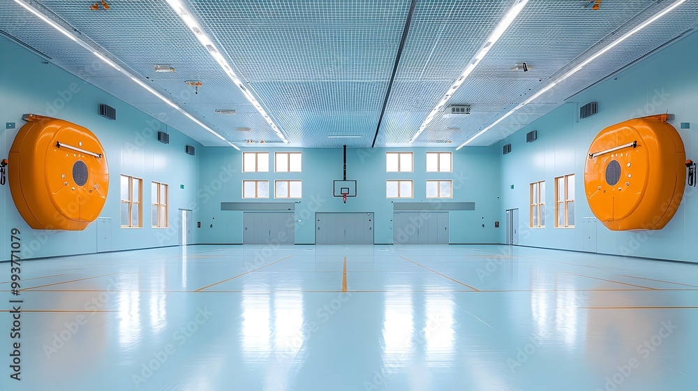 Expansive indoor gymnasium with towering ceilings and a prominent ...