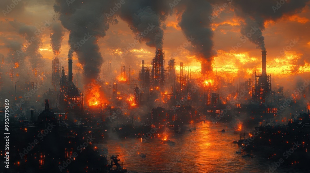 gritty industrial scene depicting factories with billowing smokestacks ...