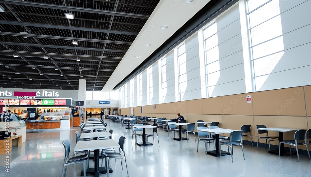 An empty airport food court, with vacant tables and closed food ...