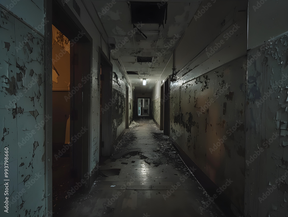 Desolate hospital hallway with flickering lights, creating a spooky and ...