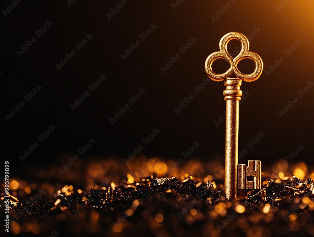 A vintage golden key stands prominently on a bed of shimmering black ...