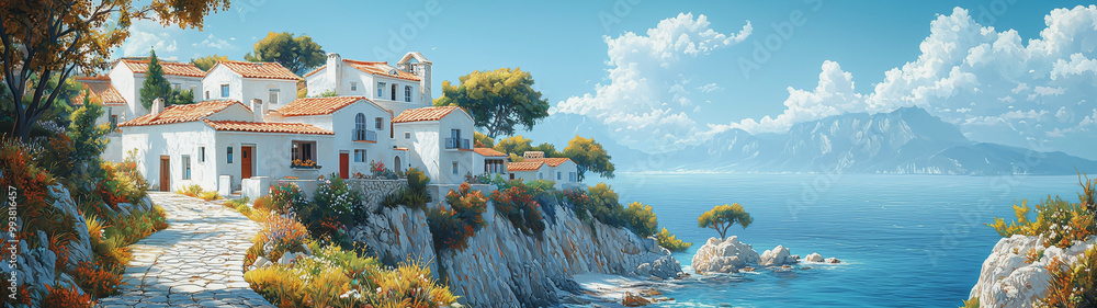 A scenic cinematic shot of a cliffside Mediterranean village, with ...