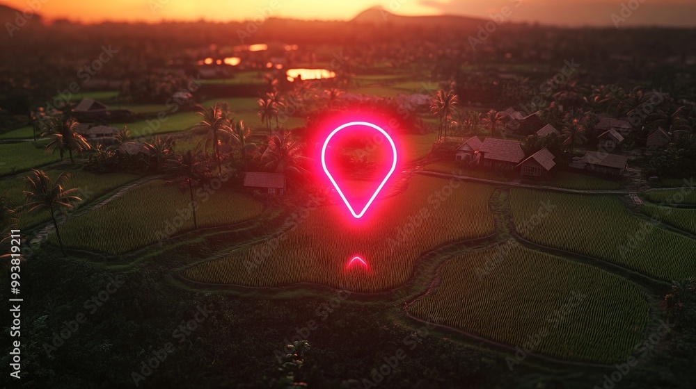 Neon Map Pin Icon Over Aerial View of Rice Fields at Sunset. AI ...