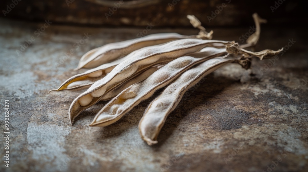 Dried roman beans, still in their pods, sit on a rustic surface. This ...