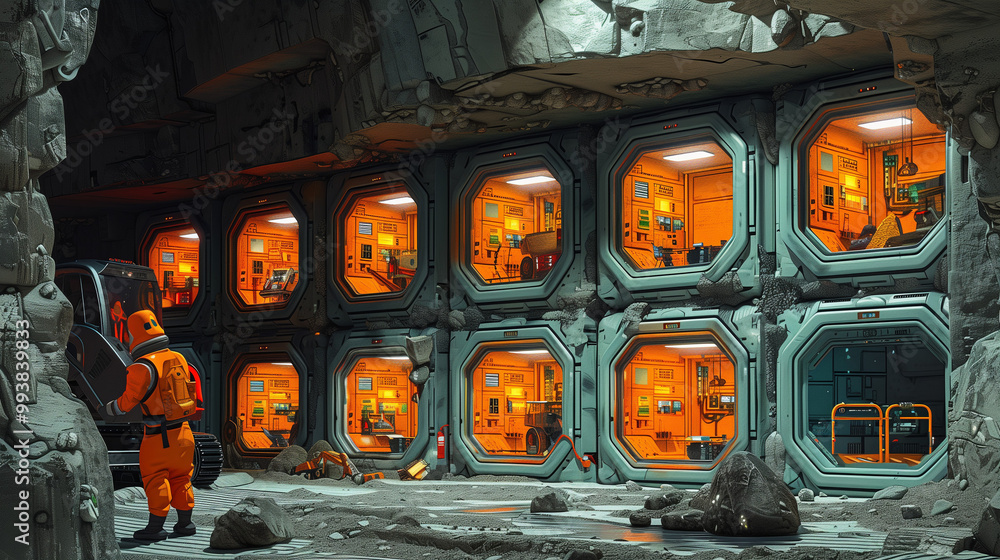 Astronaut in orange suit exploring a futuristic lunar base with ...