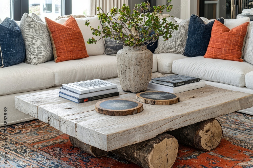 Rustic Wooden Coffee Table with Books and Logs in a Living Room Stock ...