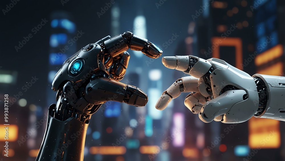 Human hand and robot fist fighting over a product in a futuristic city ...