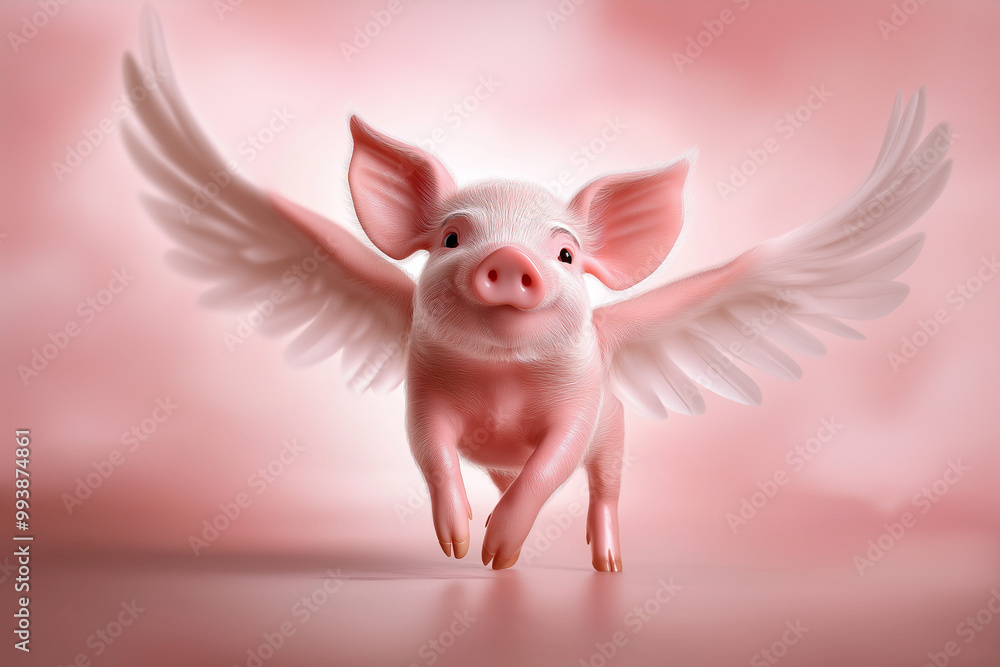 Flight of Fantasy" features a whimsical piglet with wings gracefully ...