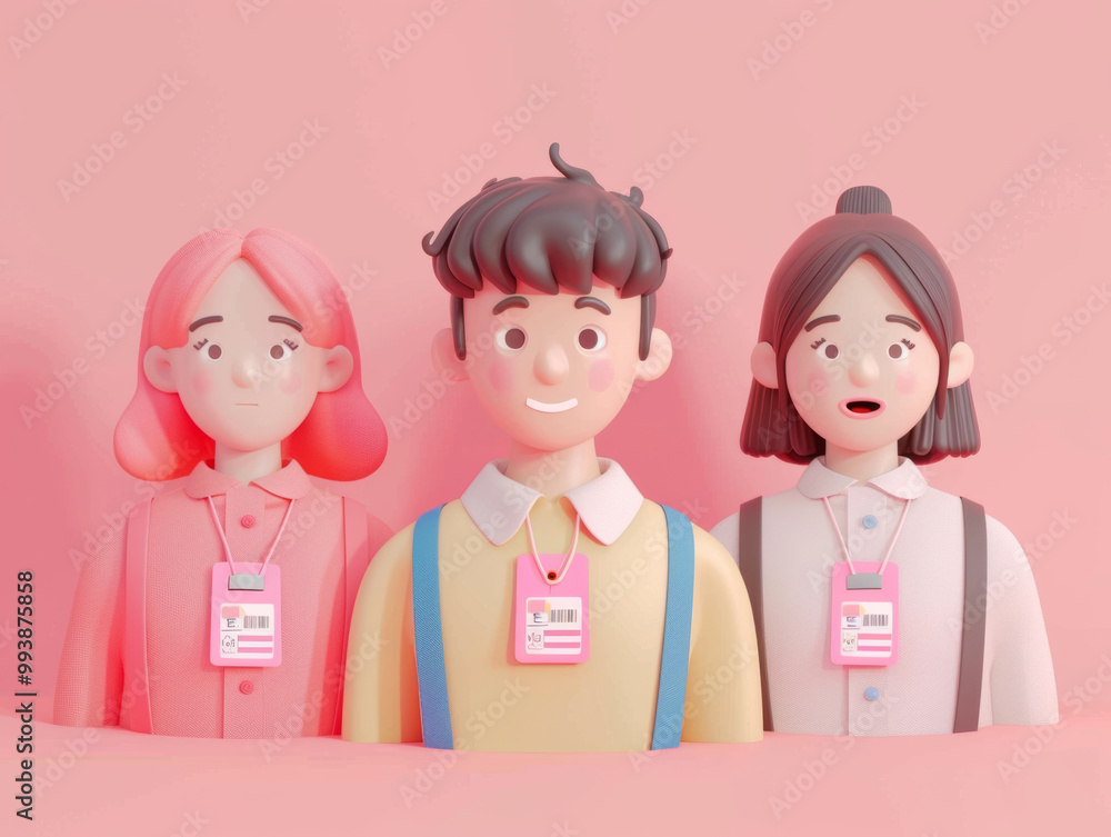 Three animated characters with colorful hairstyles and ID badges, set ...