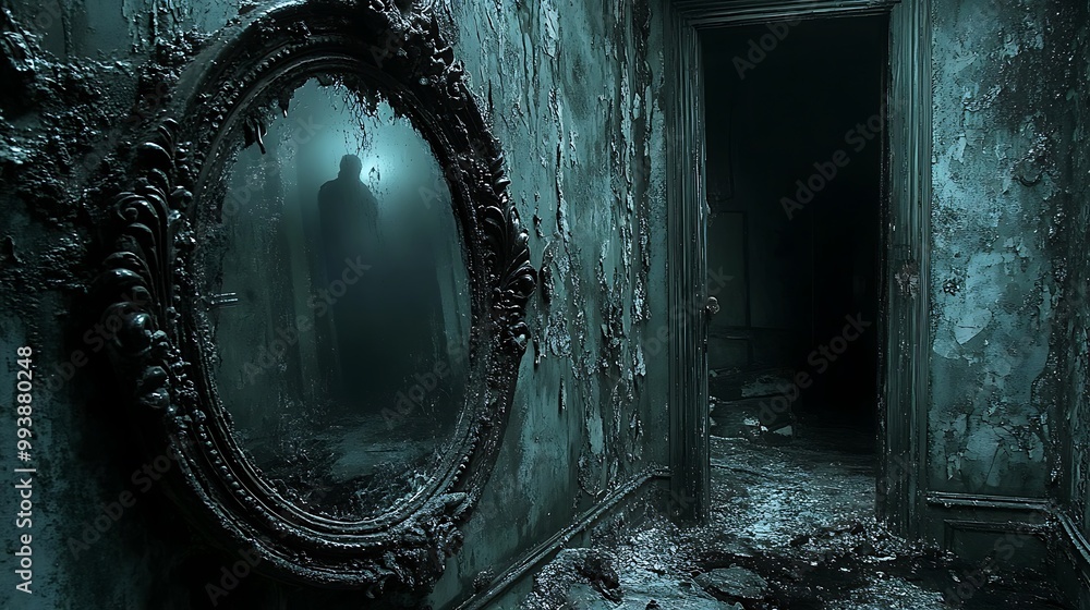 A cursed mirror with dark, ornate designs reflects something terrifying ...