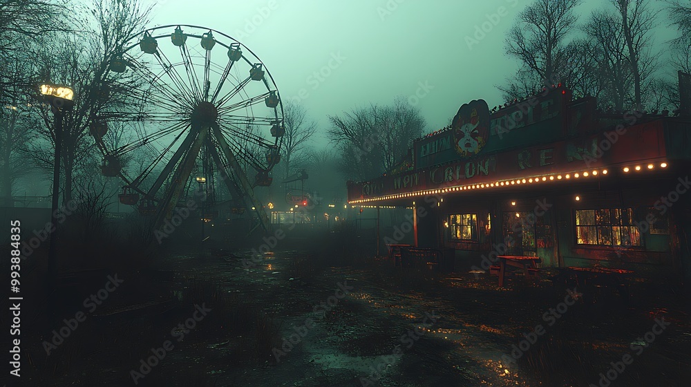 A dilapidated carnival ground, with rusted Ferris wheels and broken ...