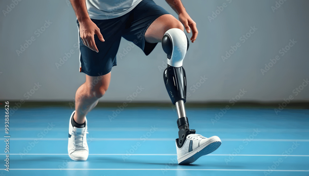 An athlete in motion with a high-tech prosthetic leg, showing strength ...