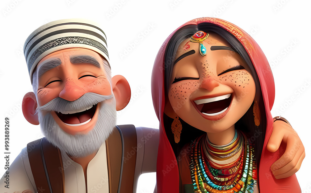 Joyful Middle Eastern Elderly Couple 3D Characters in Traditional ...