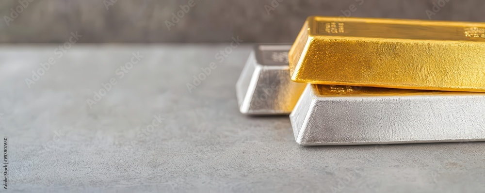 Silver and gold ingots placed on asset management reports, gold and ...