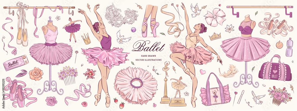 Vetor de Hand drawn sketch ballet set. Vector illustration of ballerina and ballet studio ...