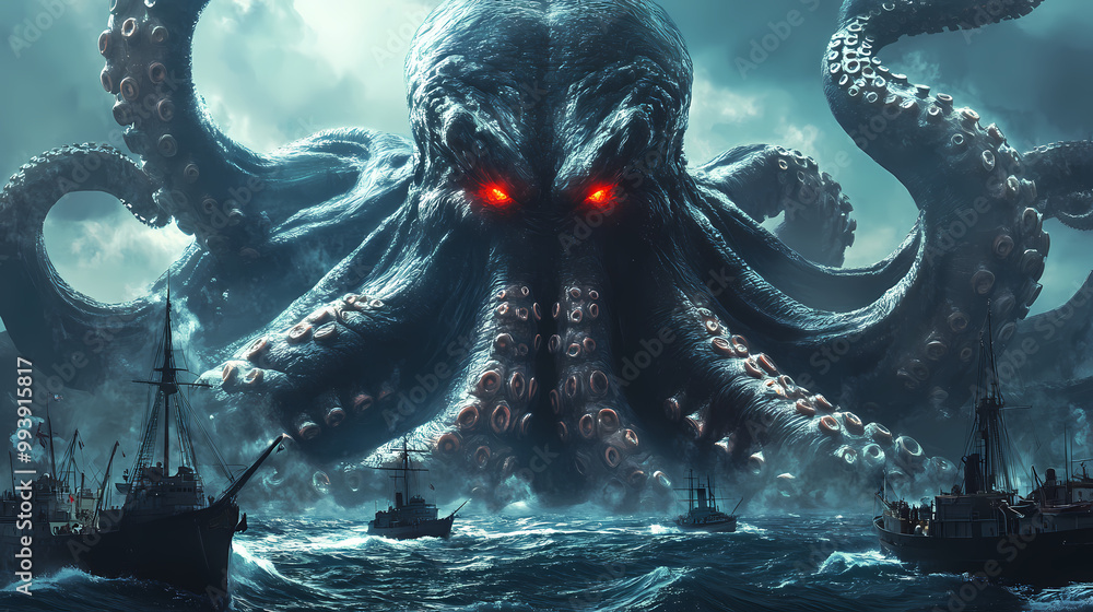 A colossal sea monster, resembling an octopus, with menacing red eyes, emerges from the ocean ...