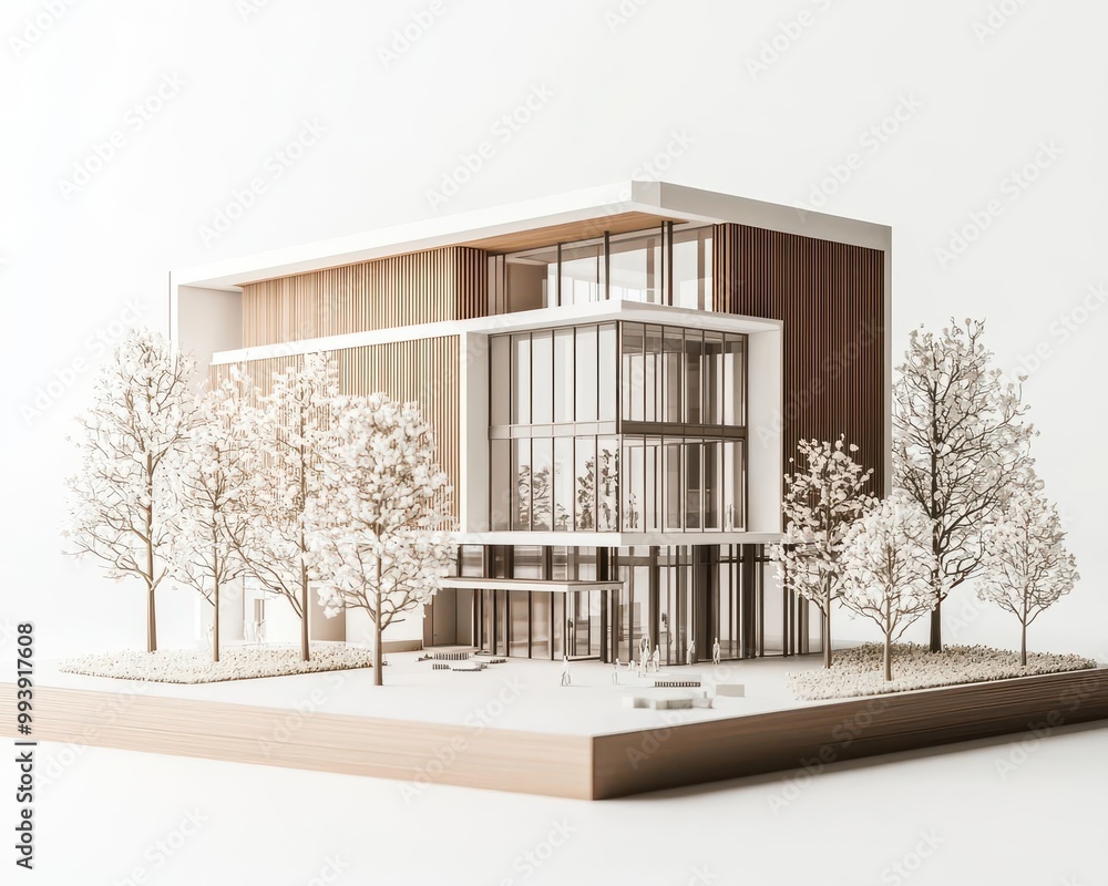 Large-scale 3D model of a public building with wooden cladding and ...