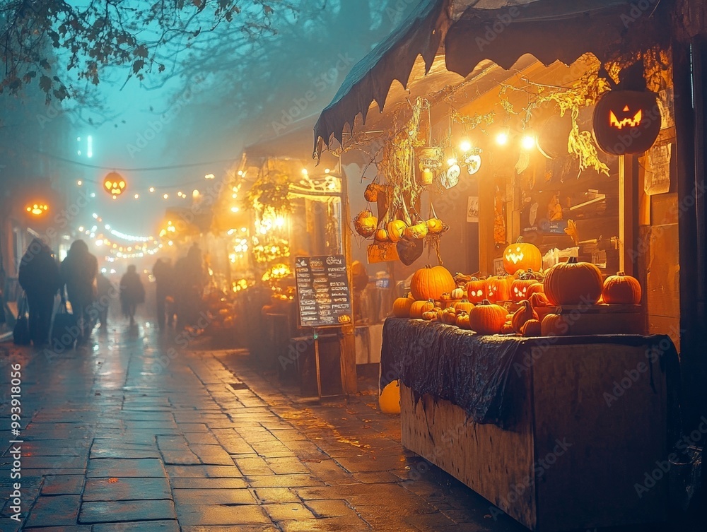 Creepy Halloween street fair in an American city eerie booths selling spooky crafts Stock Photo ...