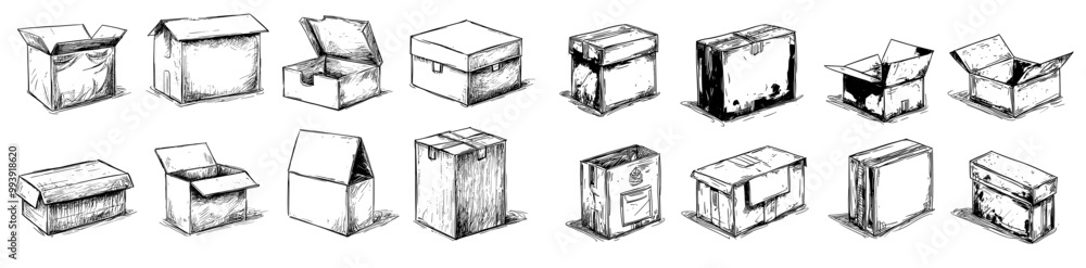 The box sketch appears as a hand drawings of a cardboard cargo package ...